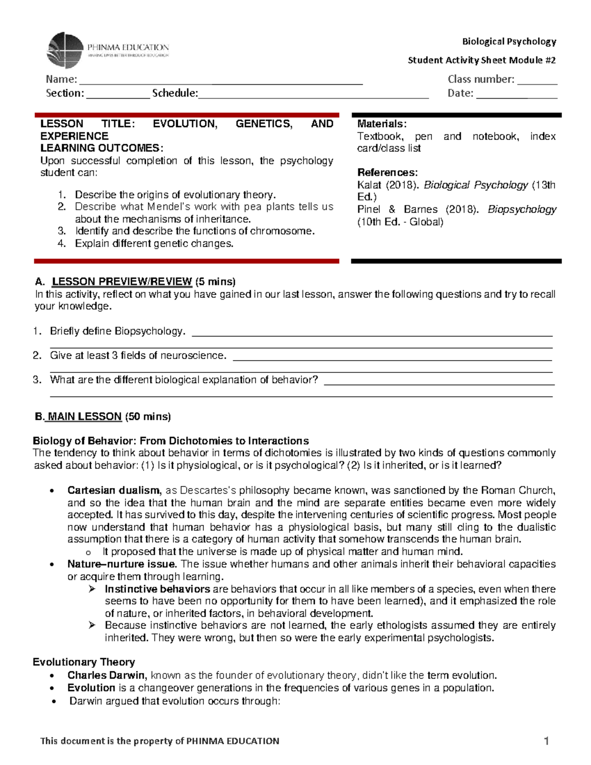 SAS Module 2 Evolution OF Genetics AND Experience - Student Activity Sheet Module # Name: - Studocu