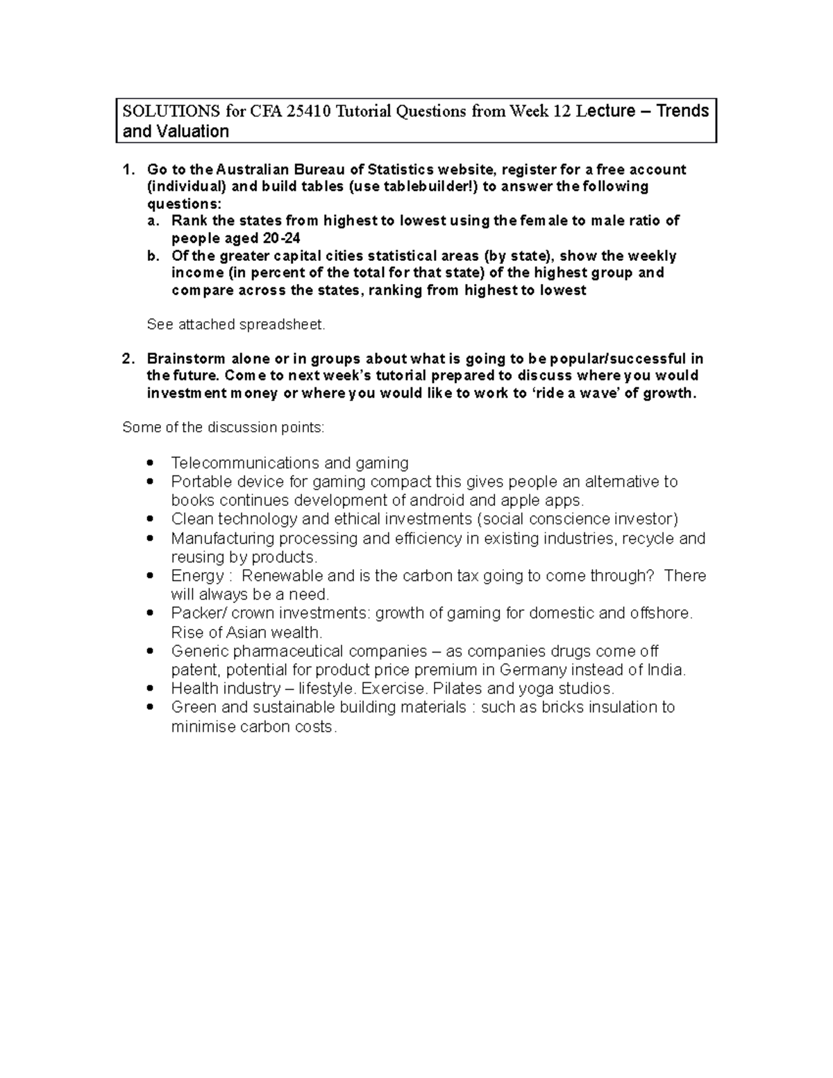 25410 CFA tutorialsolutions W12 Trends Valuation - SOLUTIONS for CFA 25410 Tutorial Questions ...