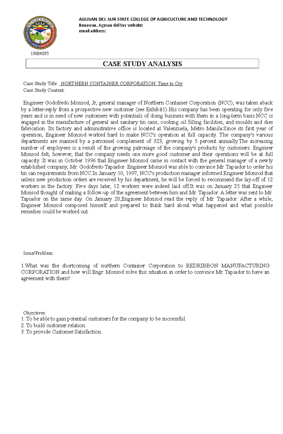 Case study Assessment 6 - AGUSAN DEL SUR STATE COLLEGE OF AGRICULTURE ...