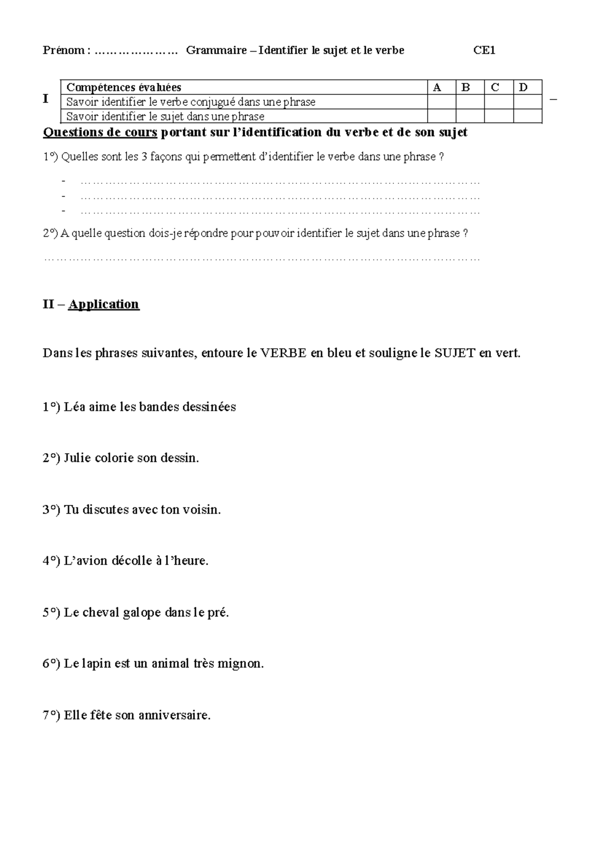 CE1 eval identifier le Sujet ET LE Verbe - Prénom ...