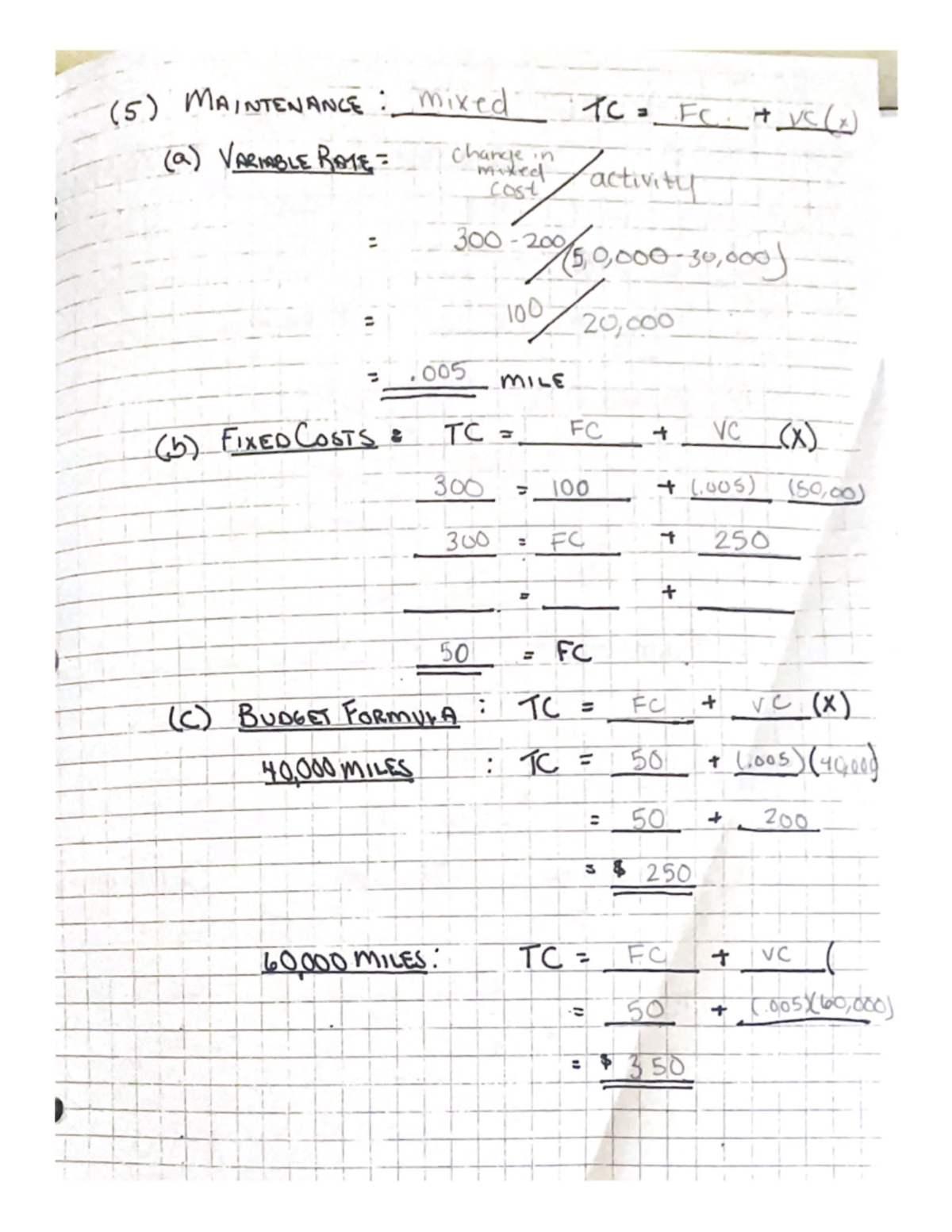Budget formula - (5) MAINTENANCE : mixed TC Fc vc(x) (a) VARIABLE Rote ...