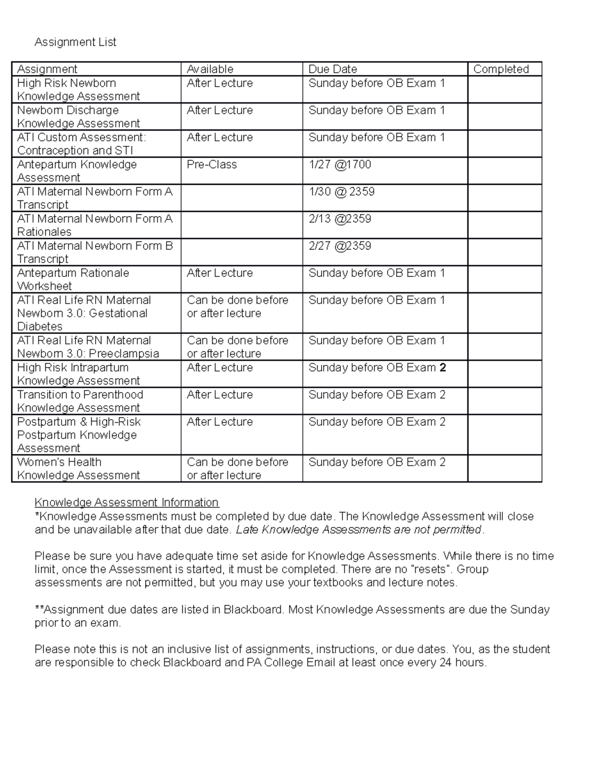 NUR102 OB Assignments (1) - Assignment List Assignment Available Due ...