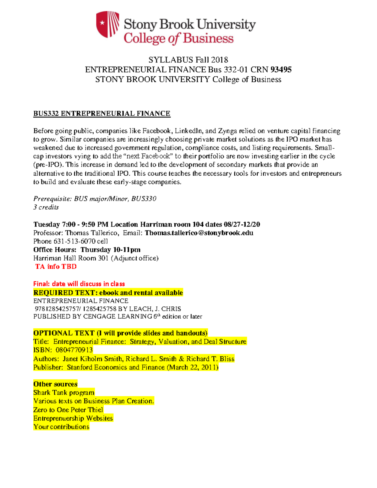Entrepreneurial Finance Syllabus Fall 2018 - Studocu
