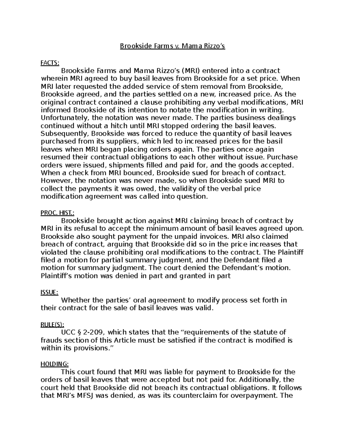 Brookside Farms v. Mama Rizzos - Brookside Farms v. Mama Rizzo’s FACTS ...