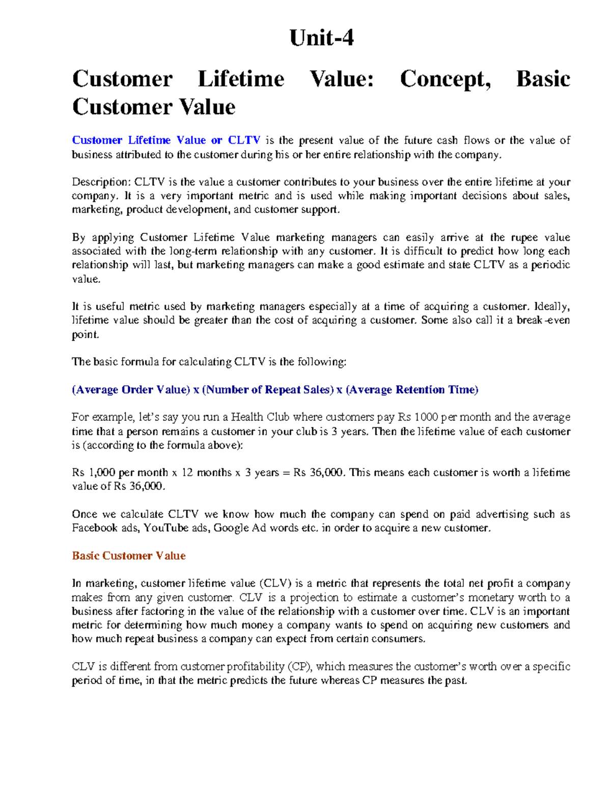 MA Unit-4 - Unit- 4 Customer Lifetime Value: Concept, Basic Customer ...