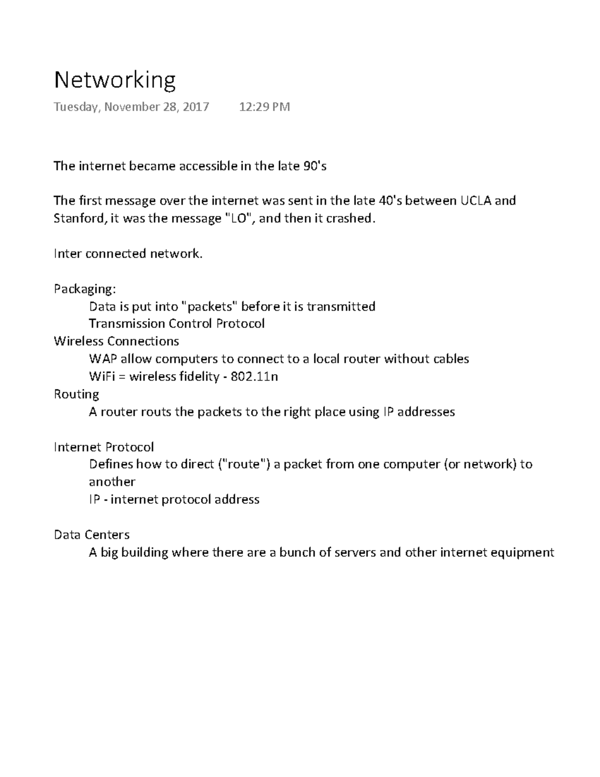 Networking - Lecture notes 16 - Networking Tuesday, November 28, 2017 ...