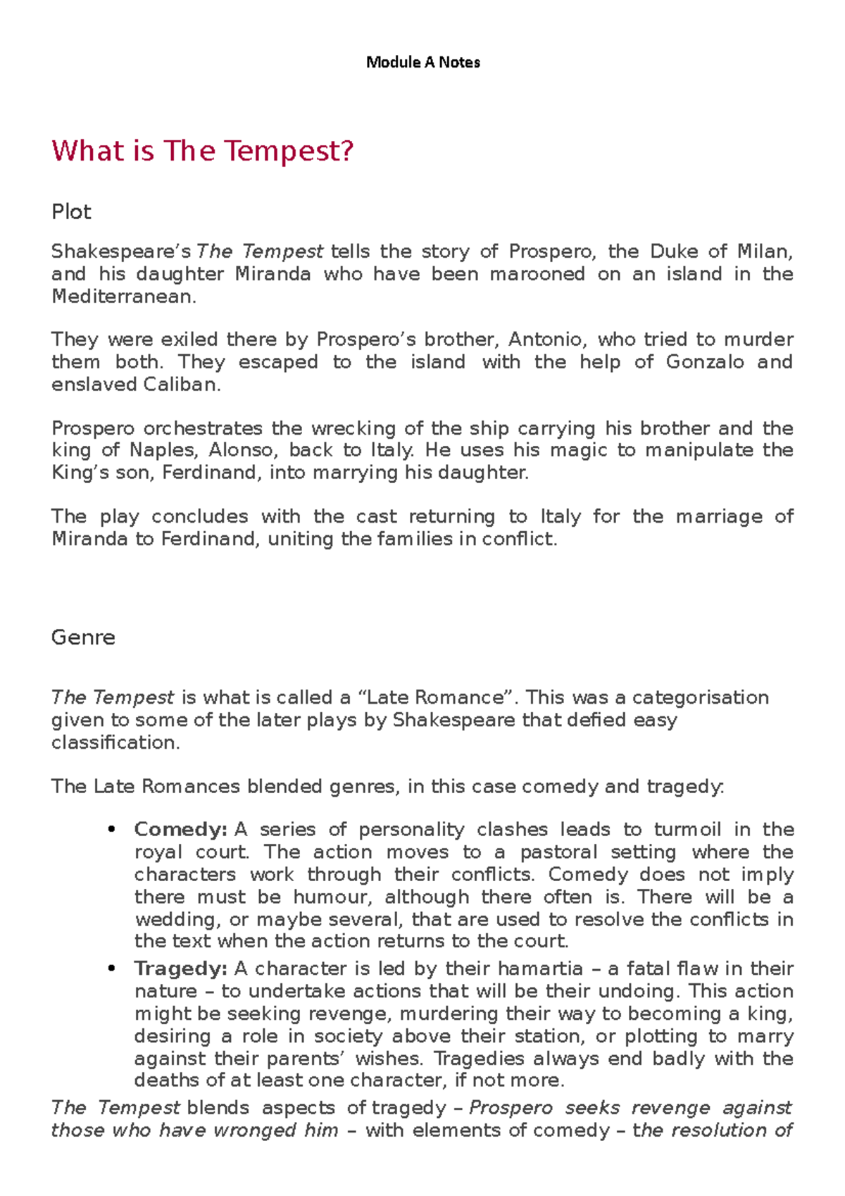 Module A Notes - English - Module A Notes What is The Tempest? Plot ...