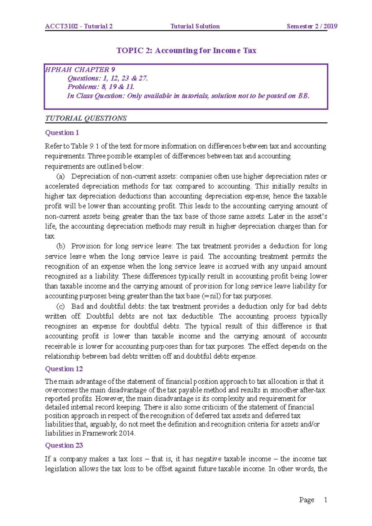 T02 Tutorial Solution - TOPIC 2: Accounting for Income Tax HPHAH CHAPTER 9 Questions: 1, 12, 23 ...