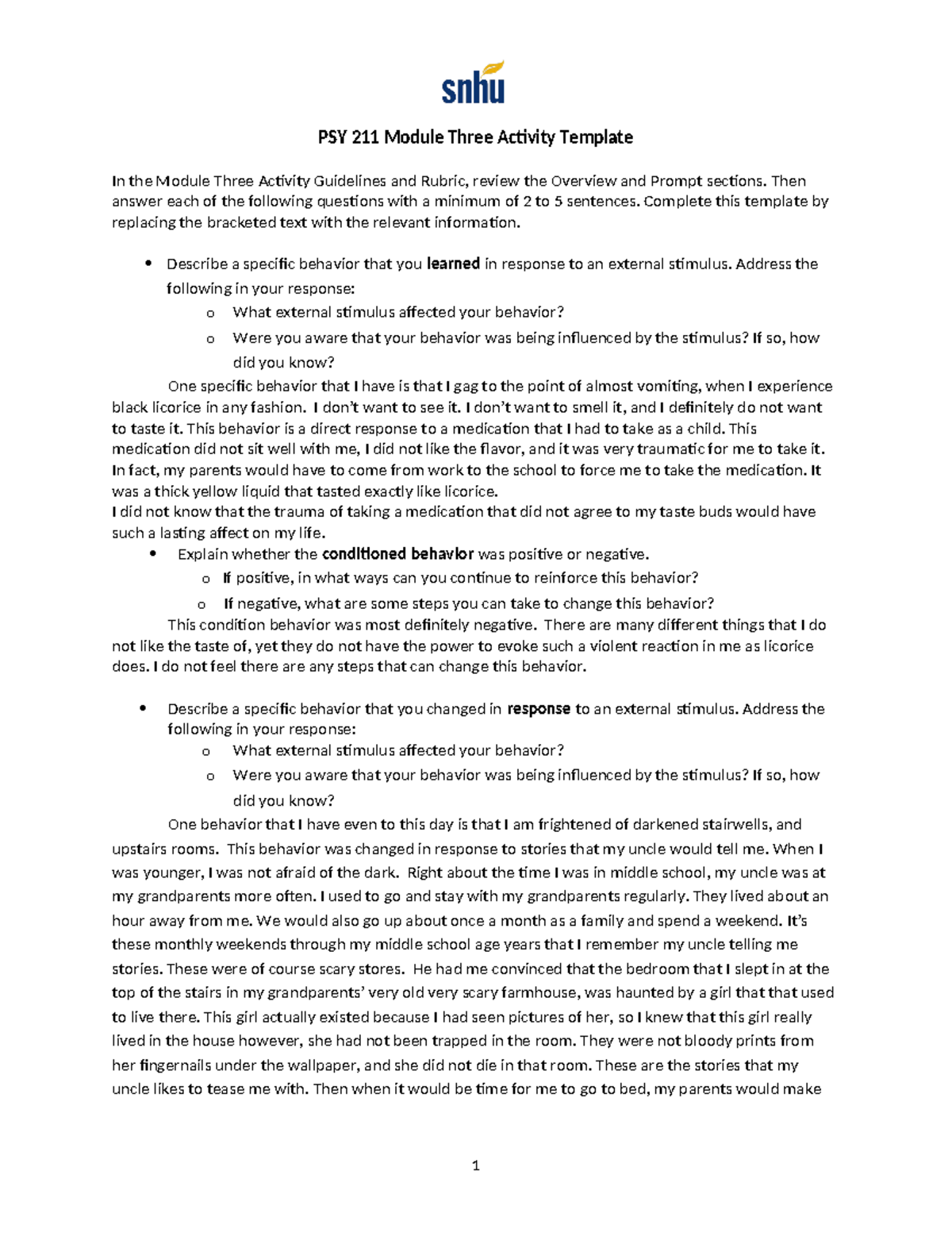 PSY 211 Module Three Activity Template - Then answer each of the ...