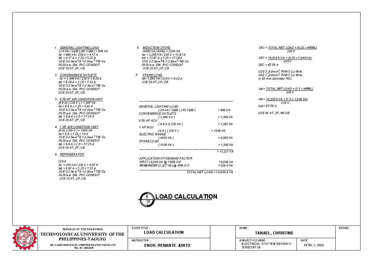 Single Dwelling UNIT-Layout 2 - 1. GENERAL LIGHTING LOAD ( 24 VA / SQM ...