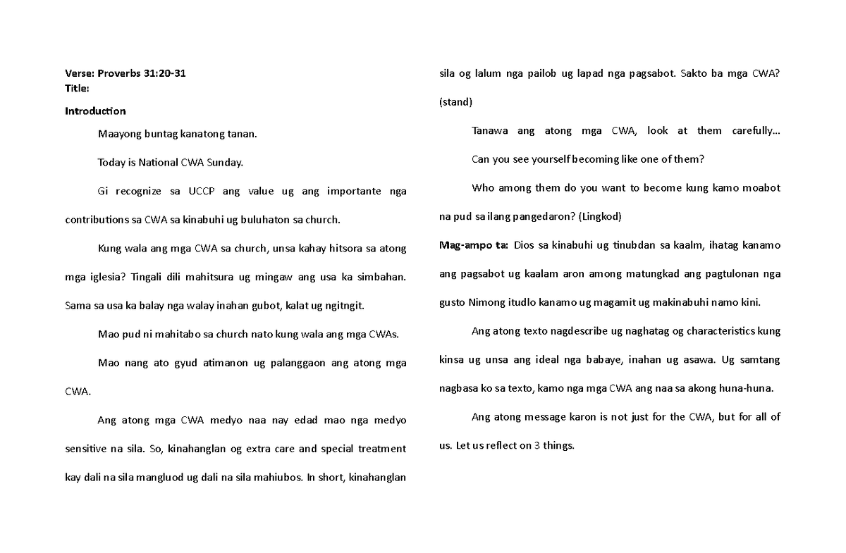 CWA Sunday - About women empowerment - Verse: Proverbs 31:20- Title ...