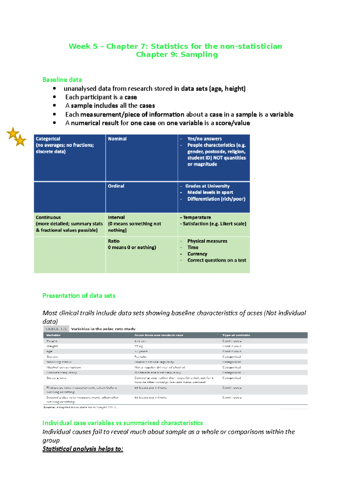 Week 5 – Chapter 7- Statistics for the non-statistician Chapter 9 ...
