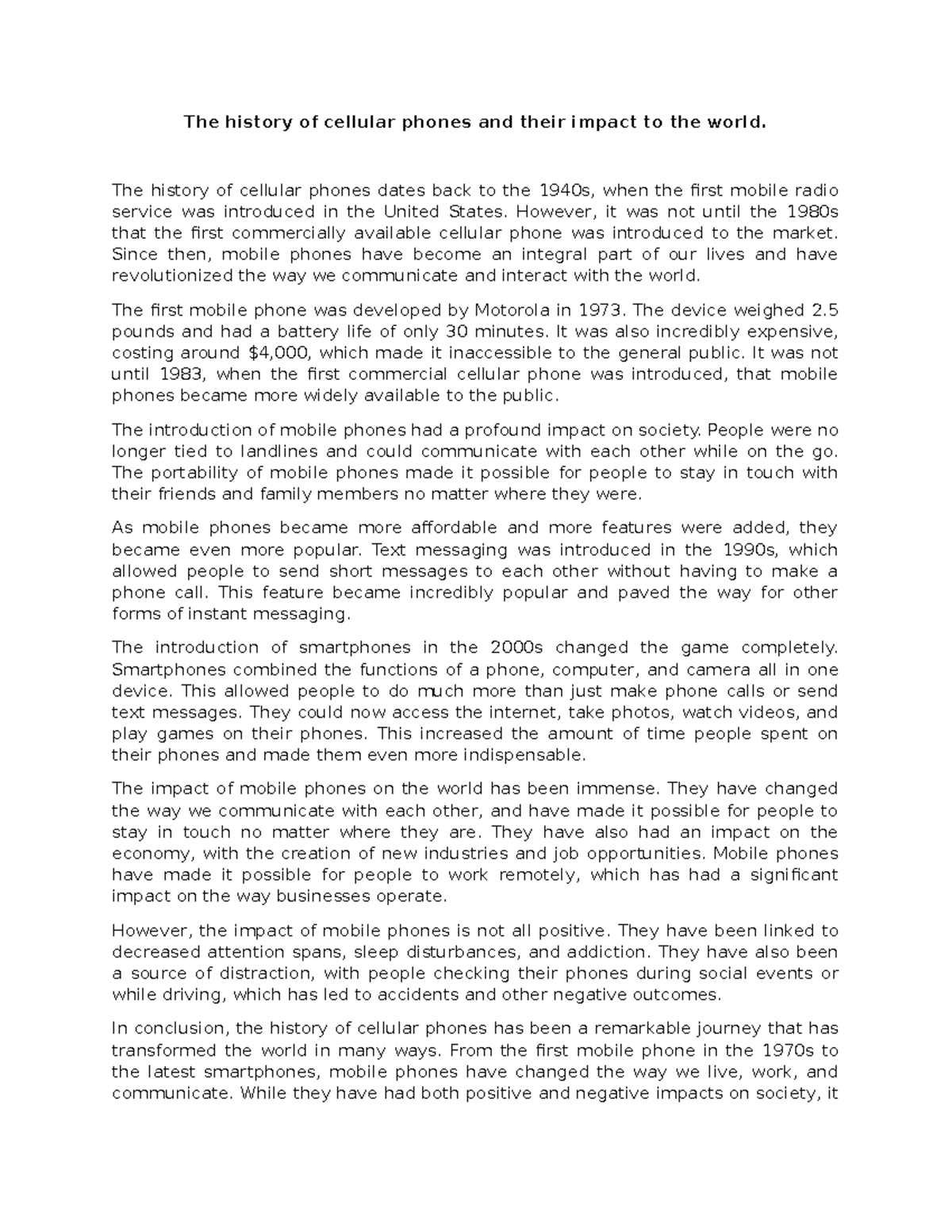 The history of cellular phones and their impact to the world G11 ...