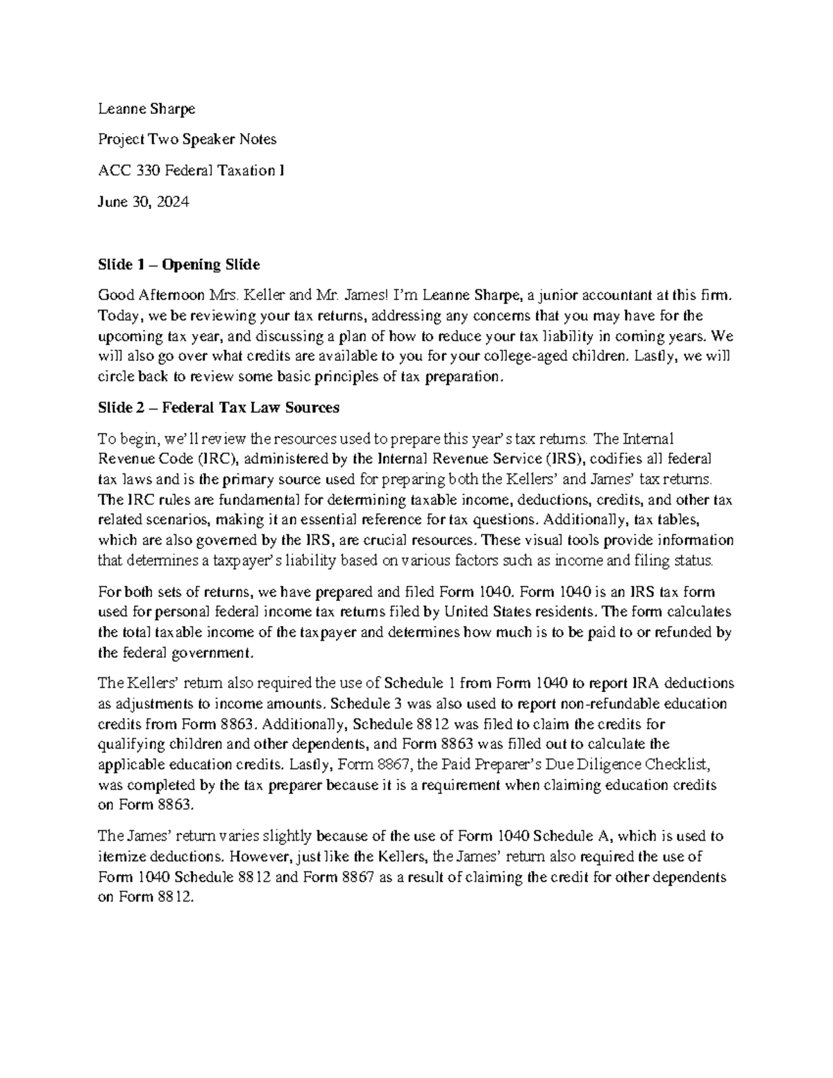 ACC 330 Project Two Speaker Notes - Leanne Sharpe Project Two Speaker ...