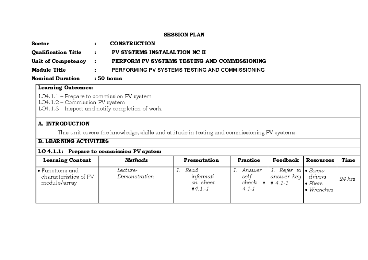 Session PLAN UC4 - cblm - SESSION PLAN Sector : CONSTRUCTION Qualification Title : PV SYSTEMS ...