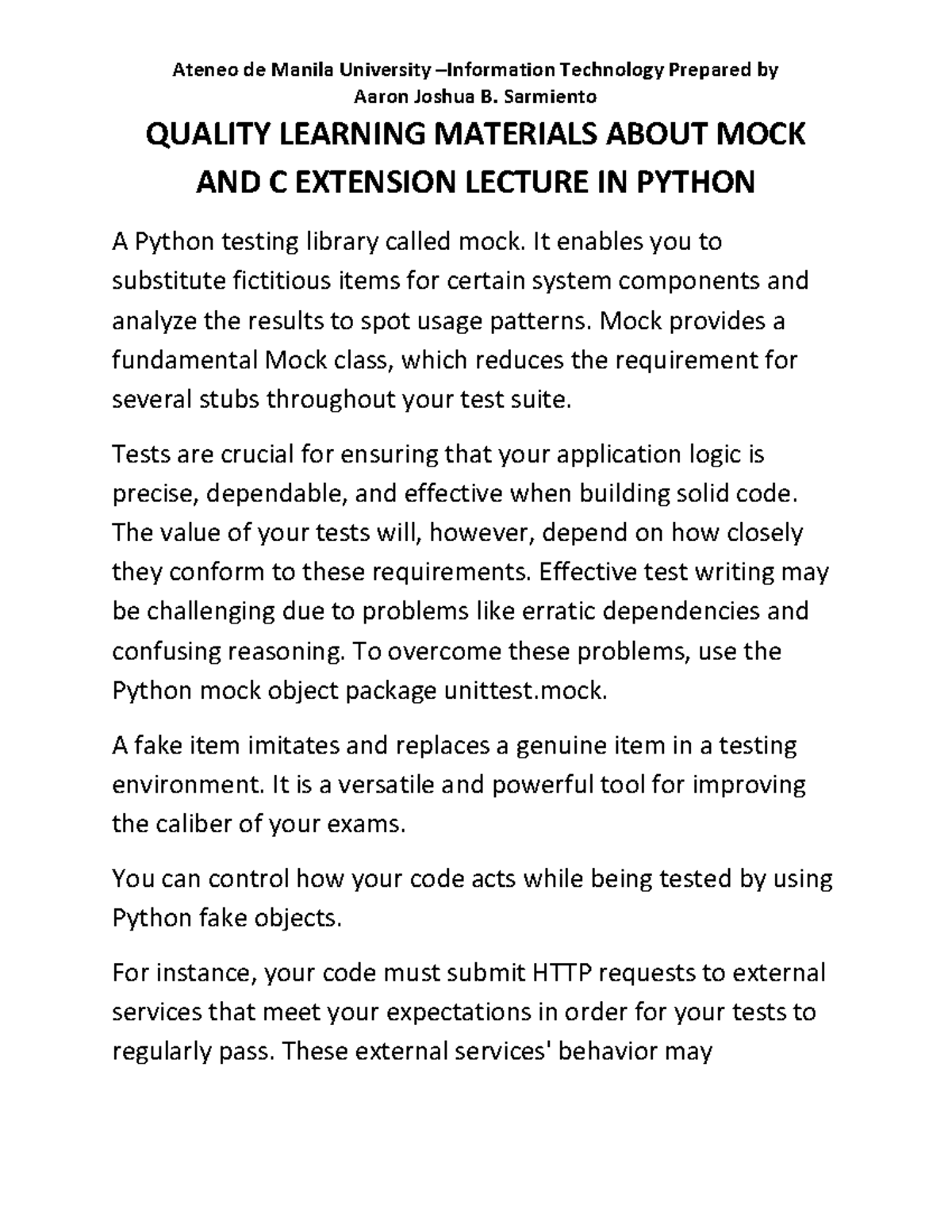 Quality Learning Materials About Mock and C Extension Lecture in Python - QUALITY LEARNING ...