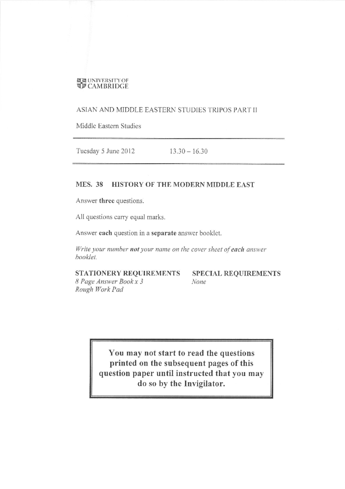 Exam 2012, questions - UNIVERSITYOF CAMBRIDGE ASIAN AND MIDDLE EASTERN ...