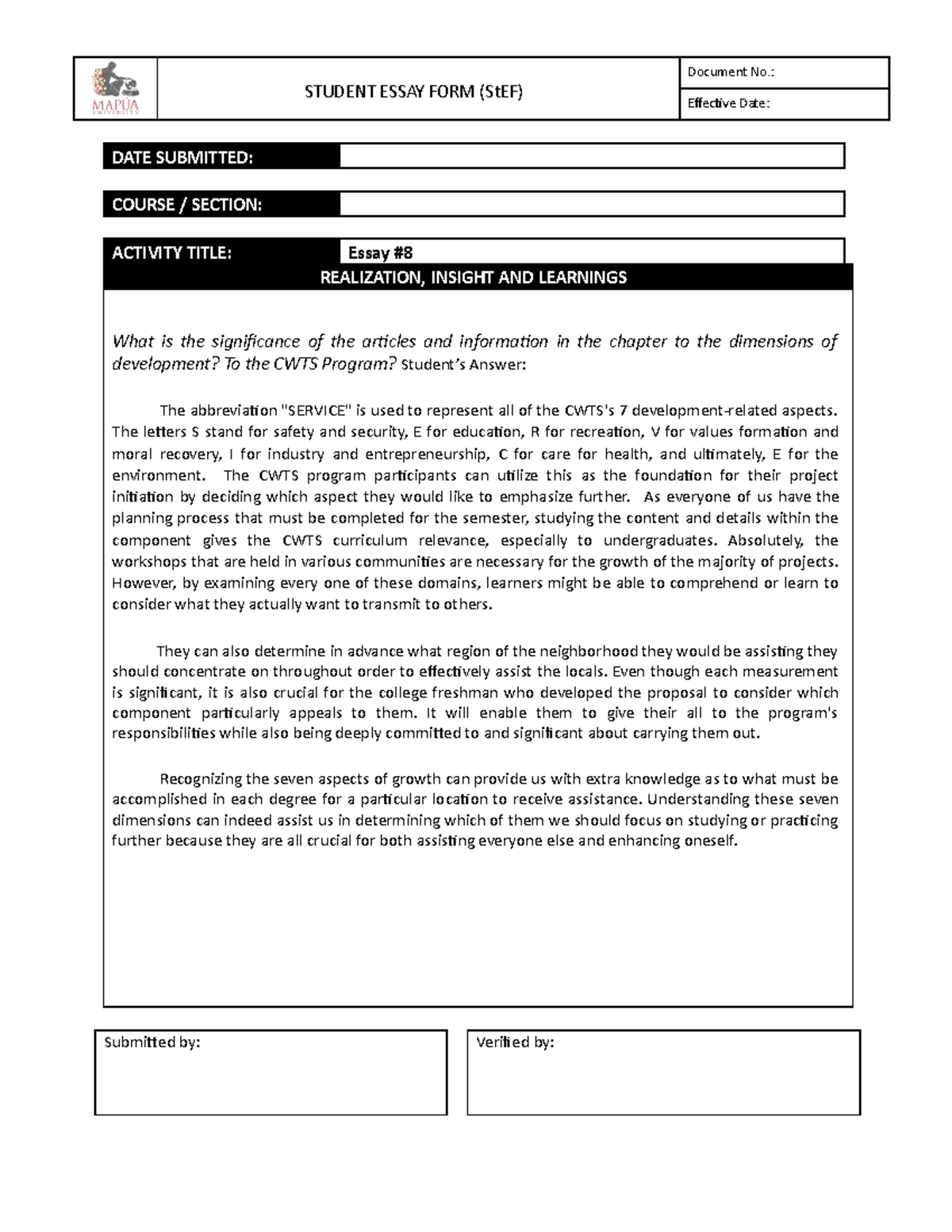 Cwts e8 - AAAA - STUDENT ESSAY FORM (StEF) Document No.: Effective Date ...