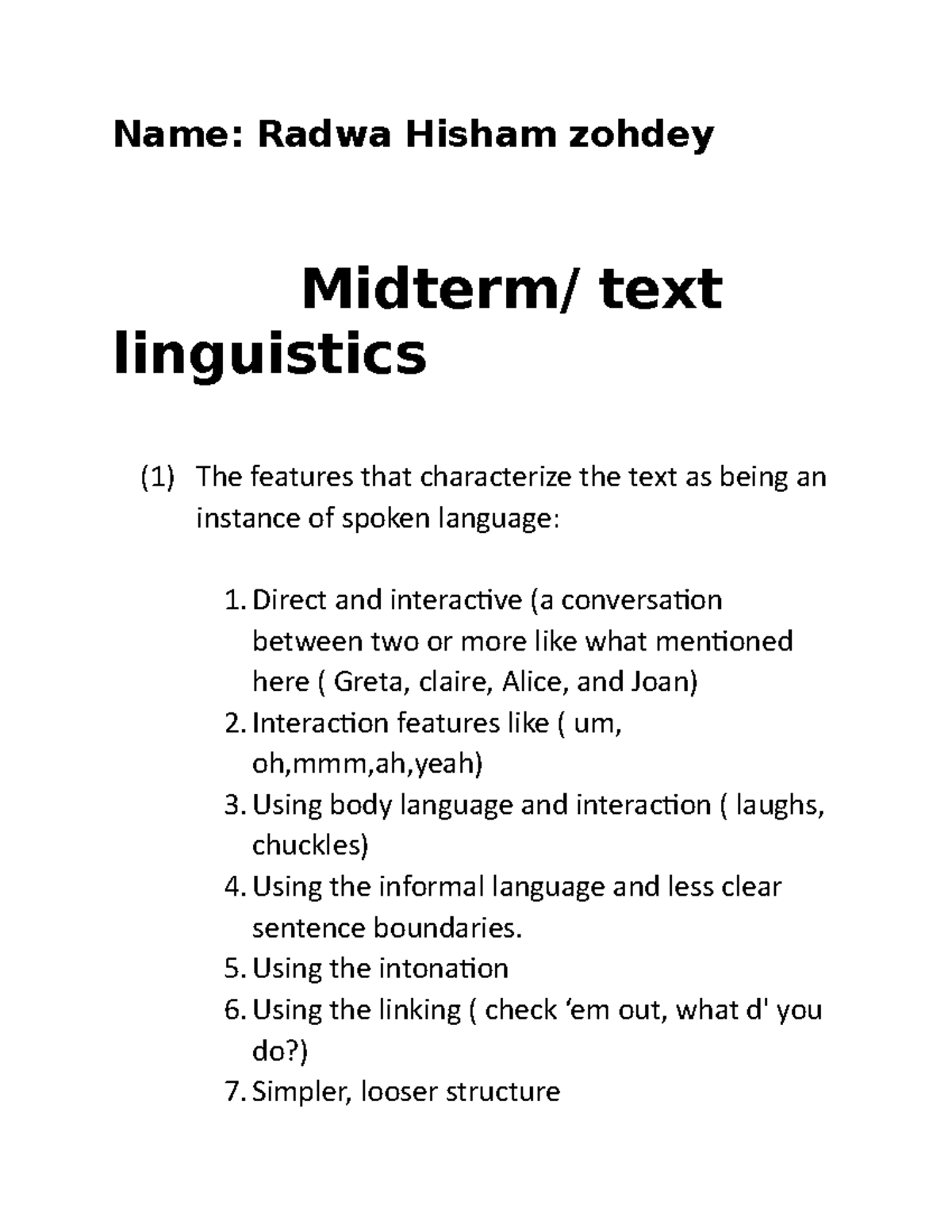 Midterm linguistics - Name: Radwa Hisham zohdey Midterm/ text ...
