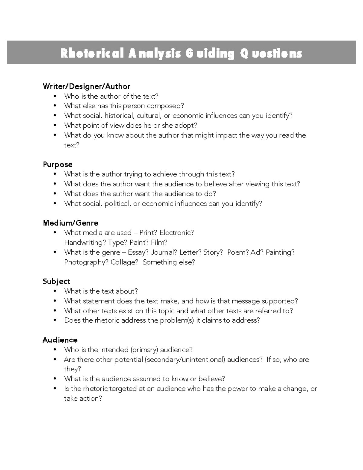 Rhetorical Analysis Guiding Questions - Writer/Designer/Author • Who is ...