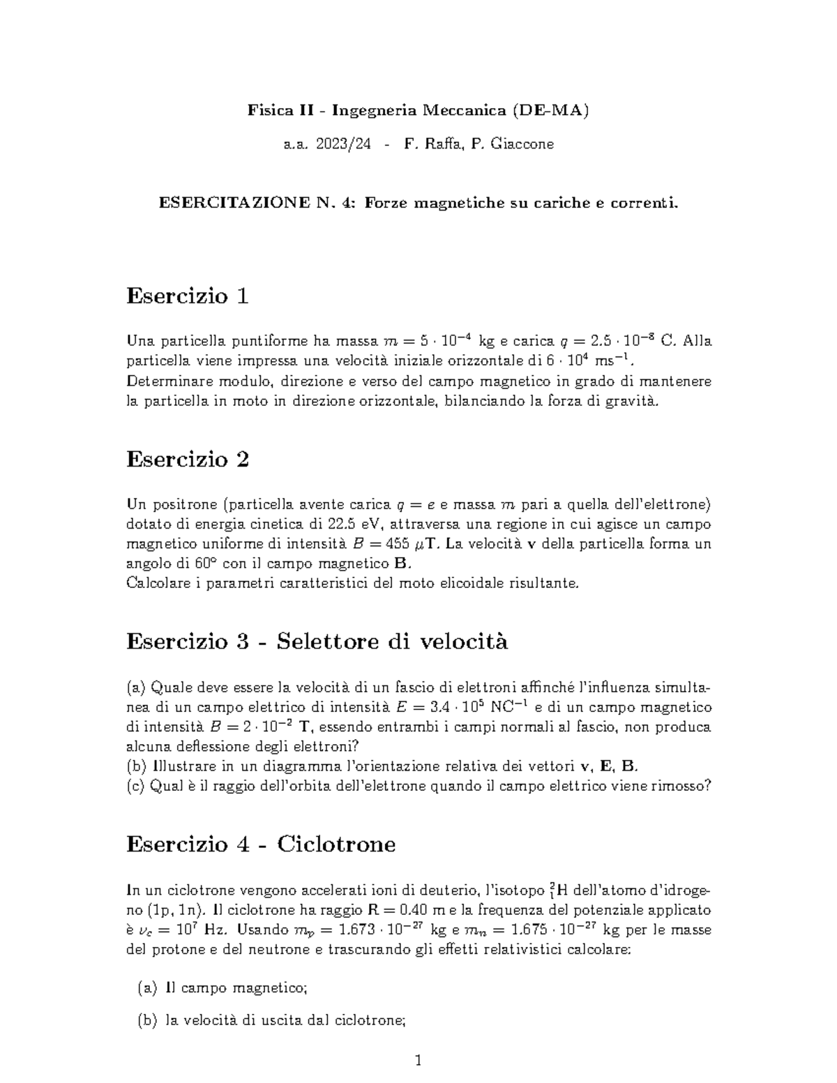 ES 04 Fmag SU Cariche E Correnti raf - Fisica II - Ingegneria Meccanica ...