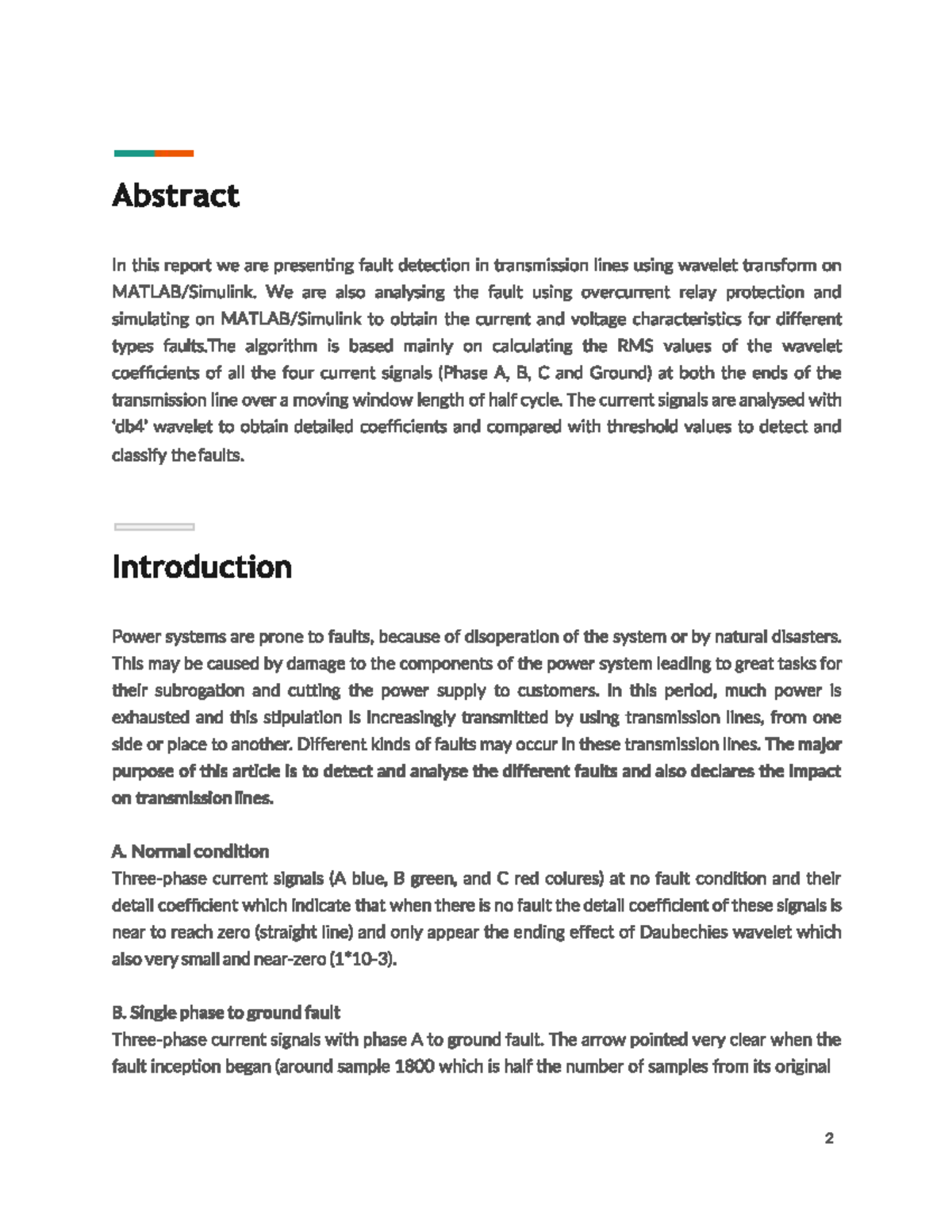 Simulation Based Fault Detection Using Wavelet Transform And Analysis
