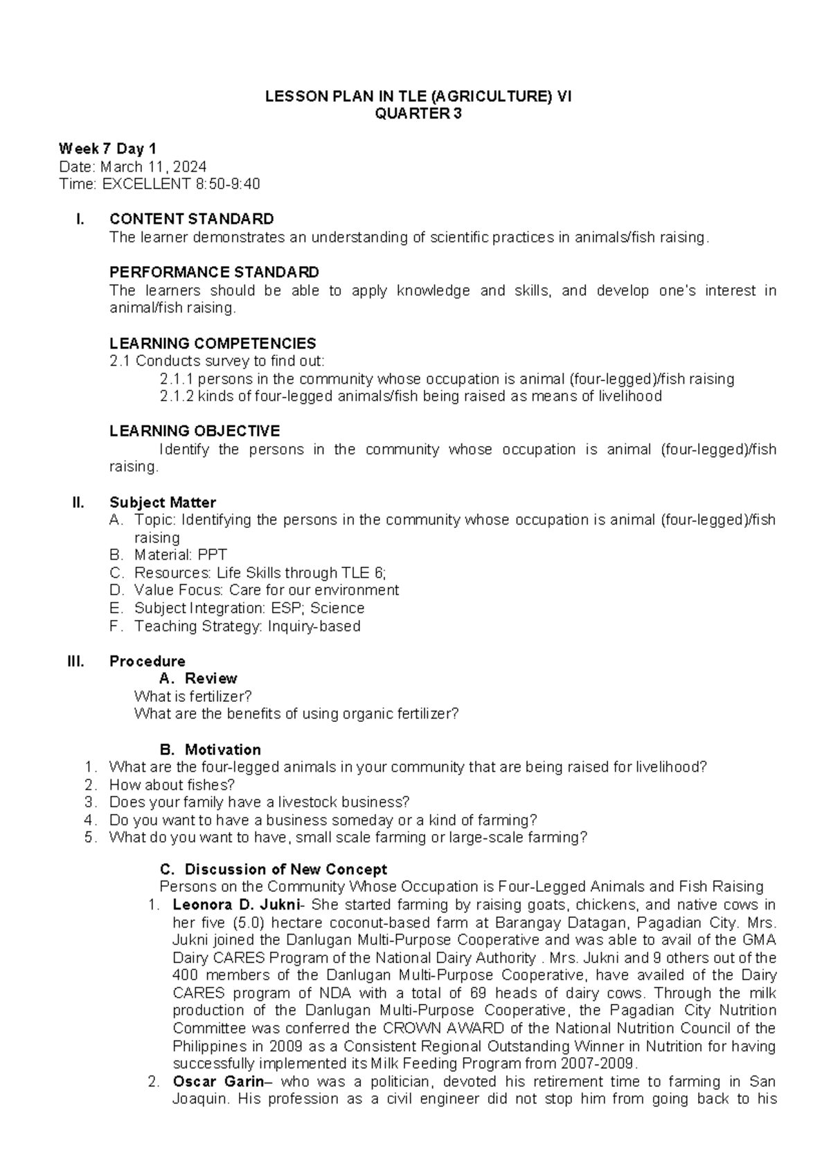 LP TLE6 Q3 WEEK 7 DAY 1 Backyard Animals - LESSON PLAN IN TLE ...