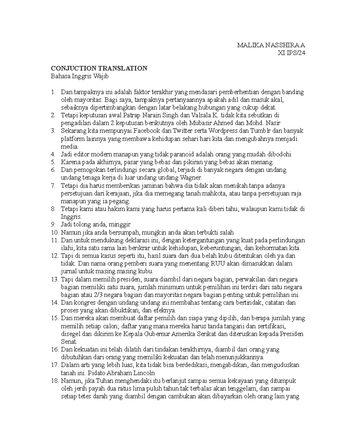 Conjunction Translation - Ing Wajib - MALIKA NASSHIRA A XI IPS ...