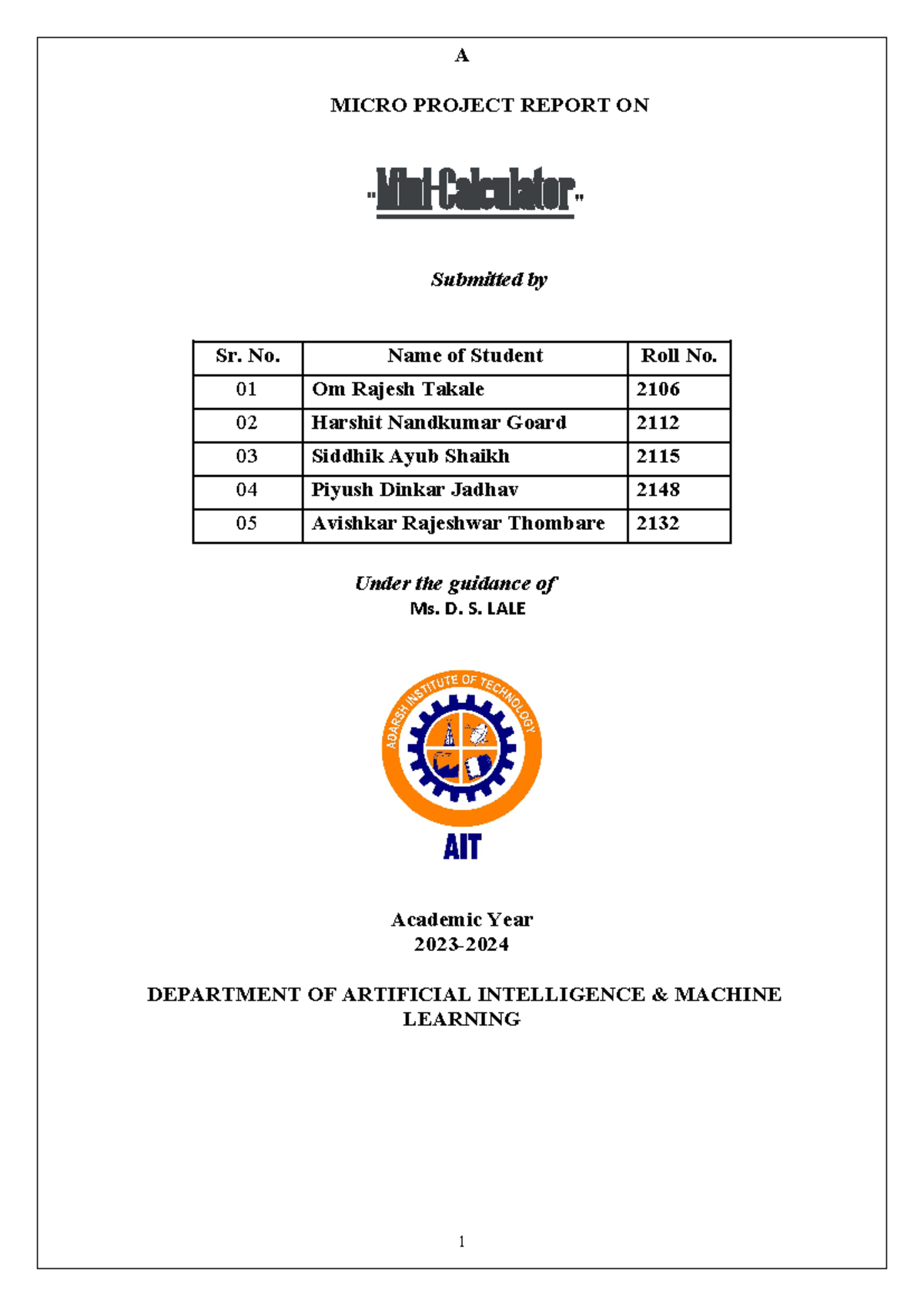 MIC Without Evaluation - A MICRO PROJECT REPORT ON "Mini-Calculator" Submitted by Sr. No. - Studocu