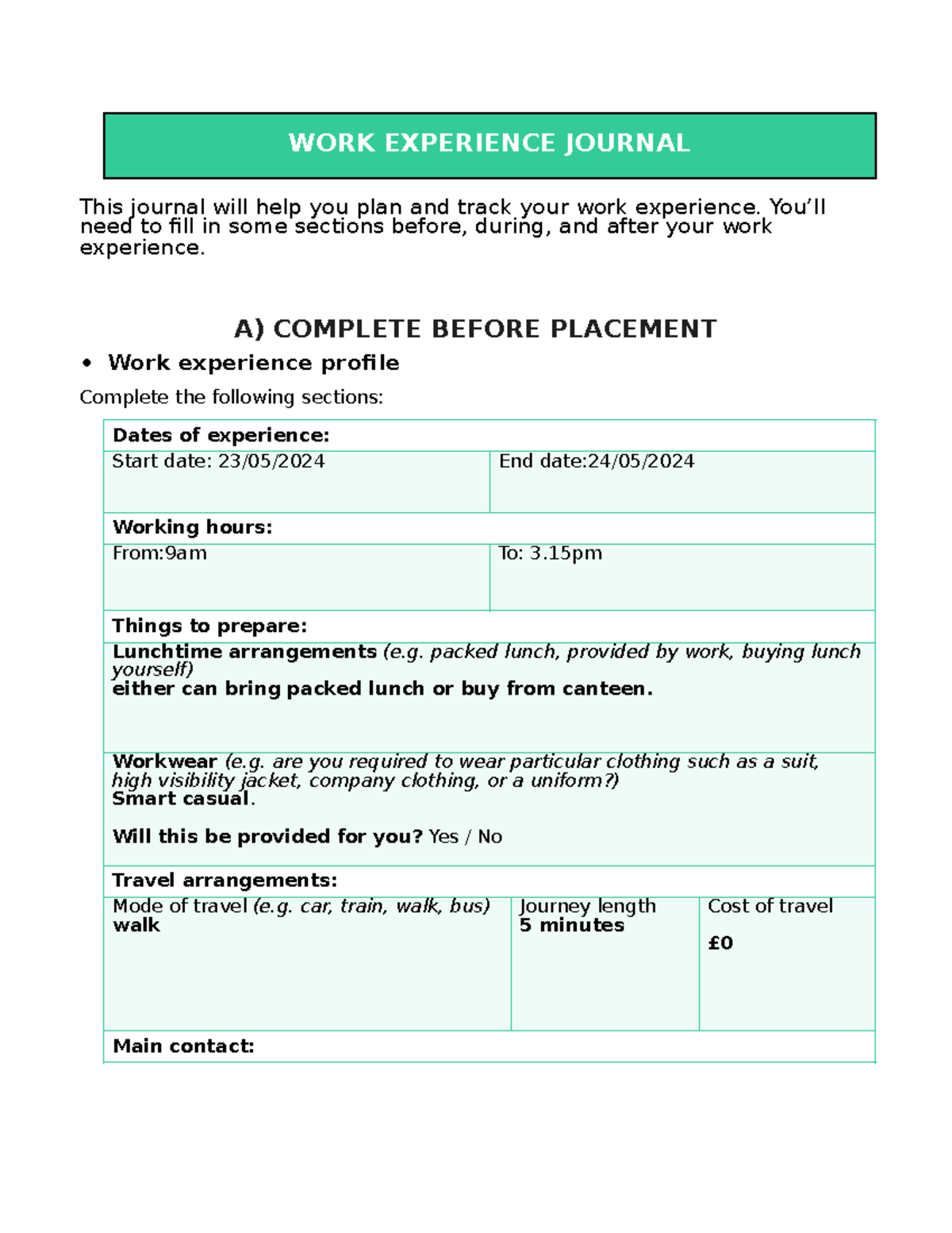 Work experience journal digital workbook - WORK EXPERIENCE JOURNAL This ...