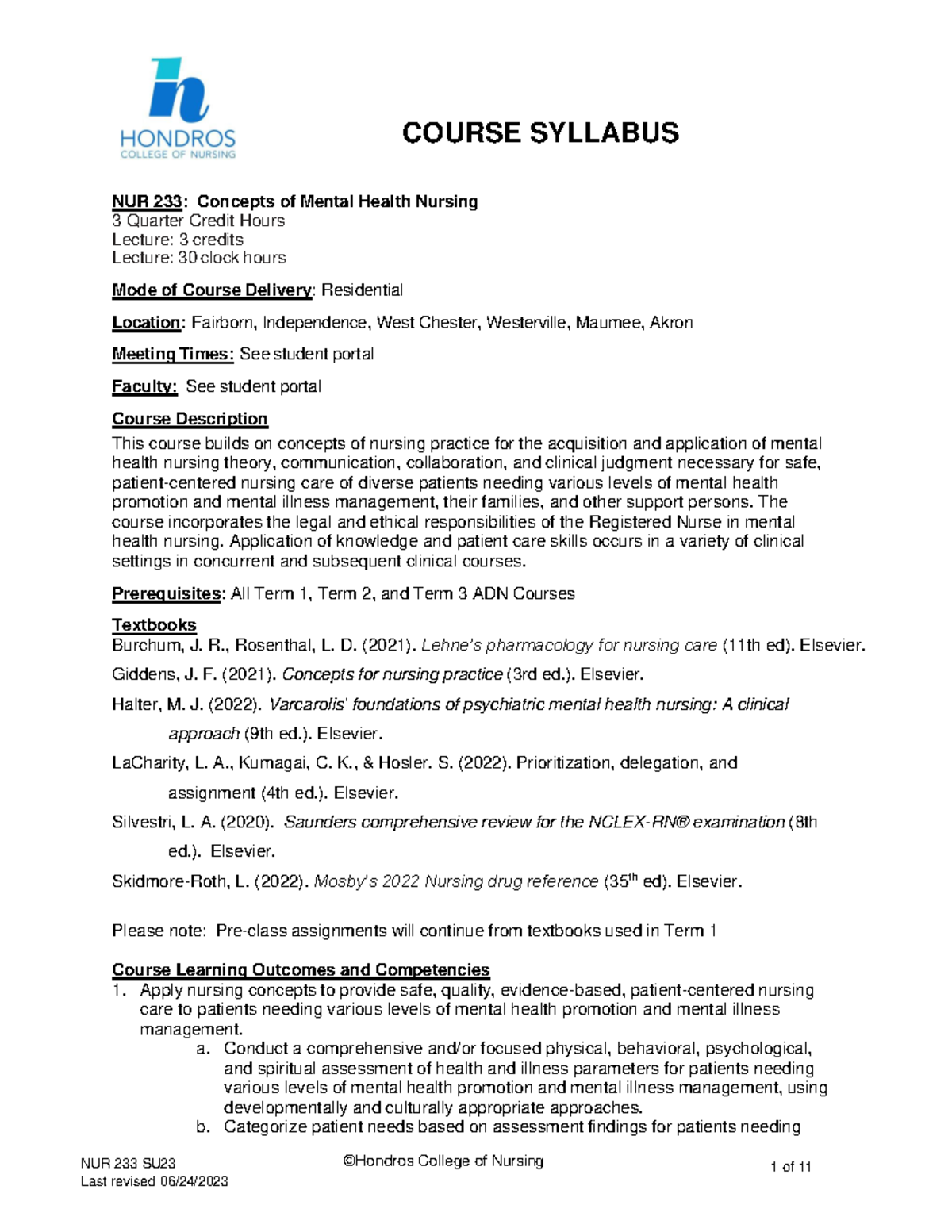NUR 233 Syllabus SU23 - med sheet and notes - NUR 233 SU23 ©Hondros ...