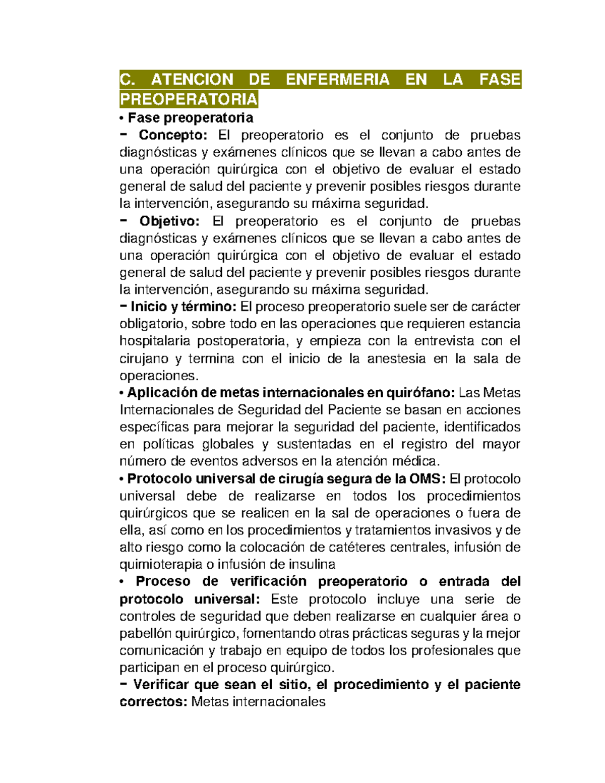 Karla quirurgica - quirrugica - C. ATENCION DE ENFERMERIA EN LA FASE PREOPERATORIA Fase - Studocu