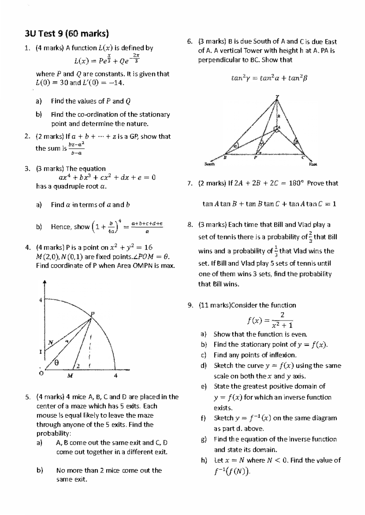 3U Test 9 - A 3U revision test. - 3U Test 9 (60 marks) 1. (4 marks) A ...