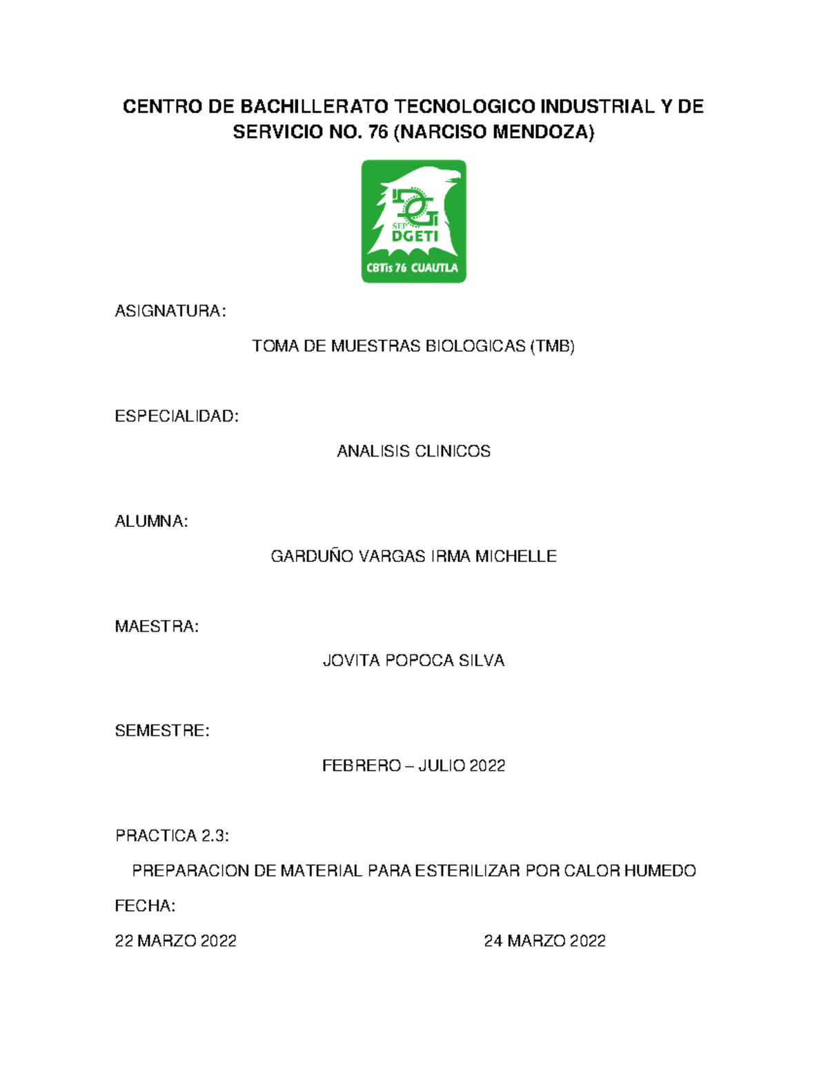 Preparacion DE Materailpara Esterilizar POR Calor Humedo - CENTRO DE ...