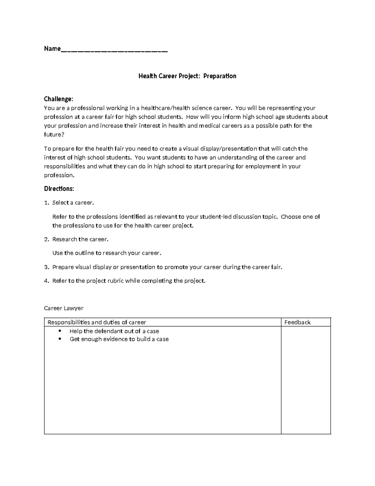 Health Career Project Outline - Name ...