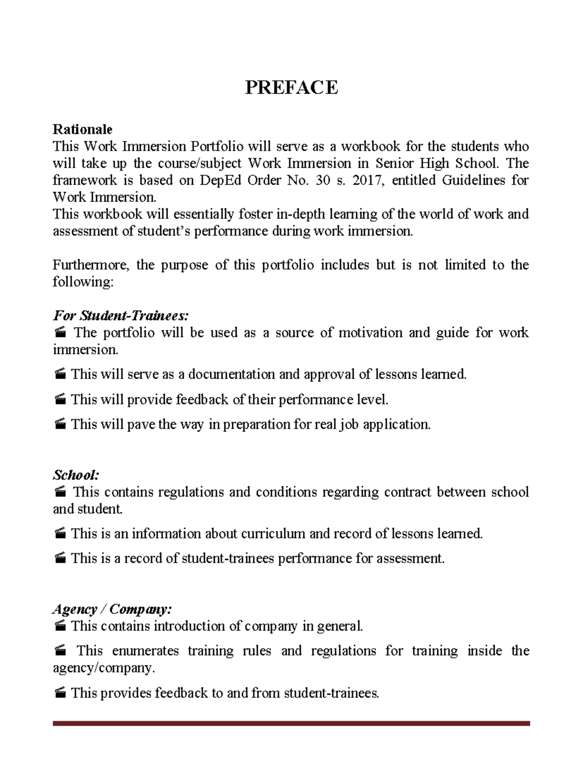 WORK Immersion Portfolio First PART - PREFACE Rationale This Work ...
