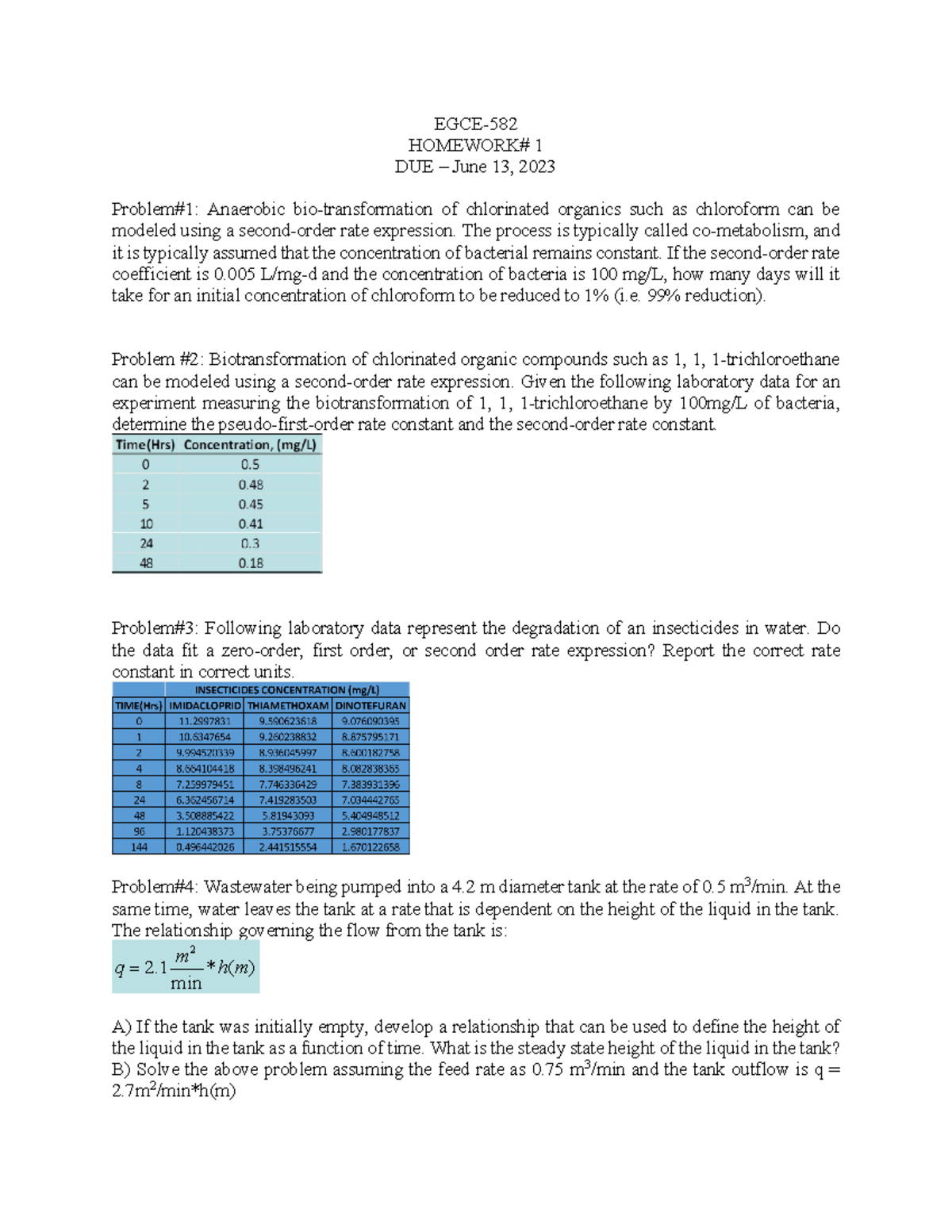 Homework 1 - Wastewater treatment assignment 1 - EGCE- HOMEWORK# 1 DUE – June 13, 2023 Problem#1 ...