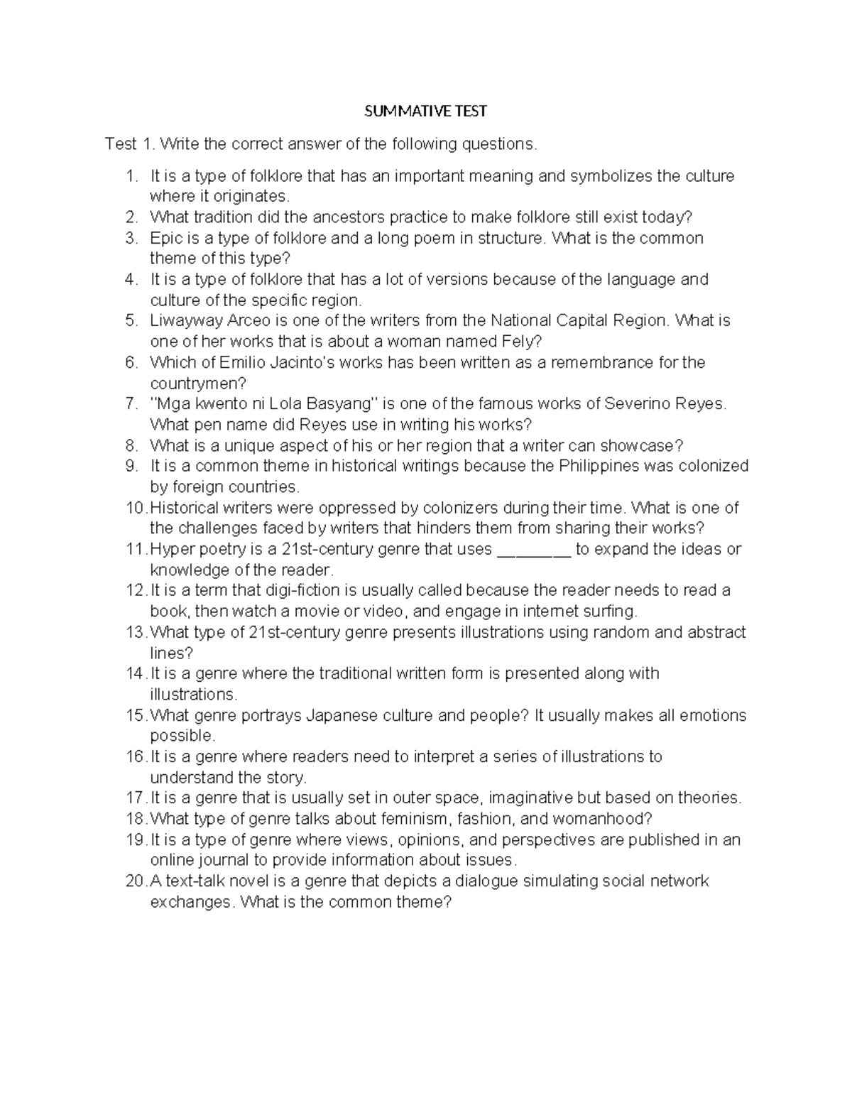 Practice questions 3rd Quarter - SUMMATIVE TEST Test 1. Write the ...