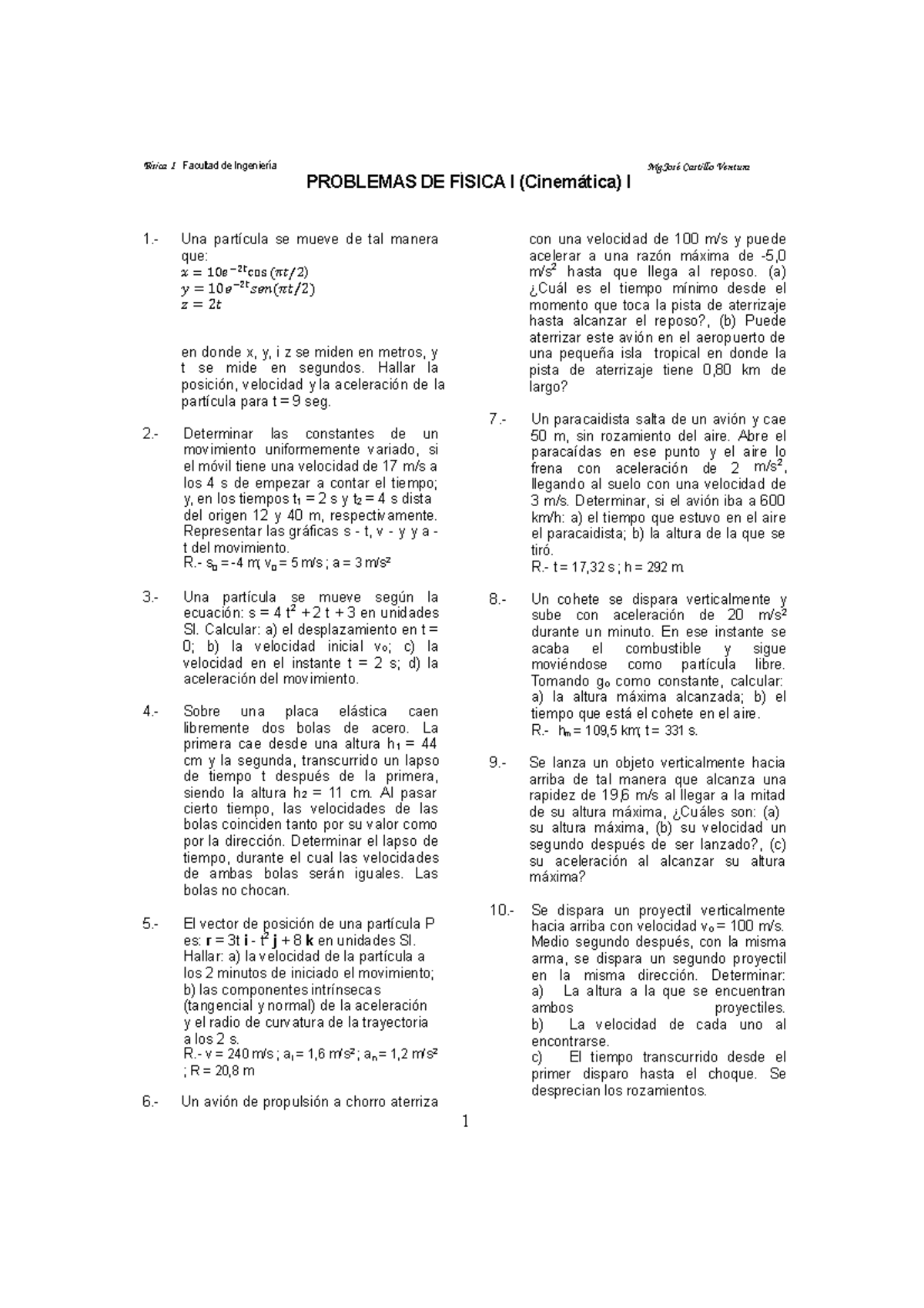Prob-Cinemática 2024-II (I) - Física I Facultad de Ingeniería Mgé ...