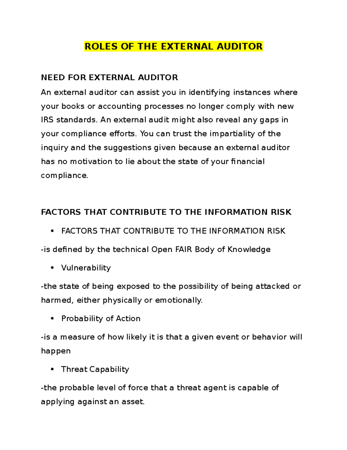 Roles OF THE External Auditor - ROLES OF THE EXTERNAL AUDITOR NEED FOR ...