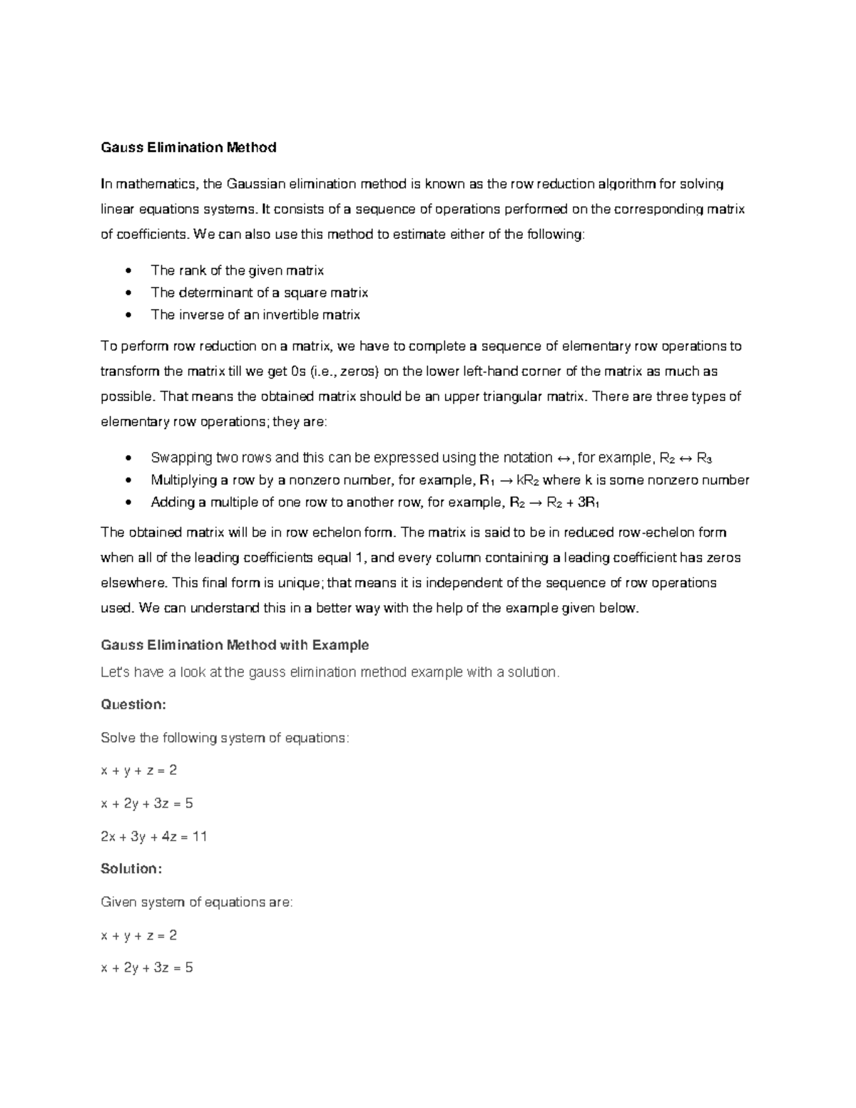 Gauss Elimination Method It Consists Of A Sequence Of Operations Performed On The