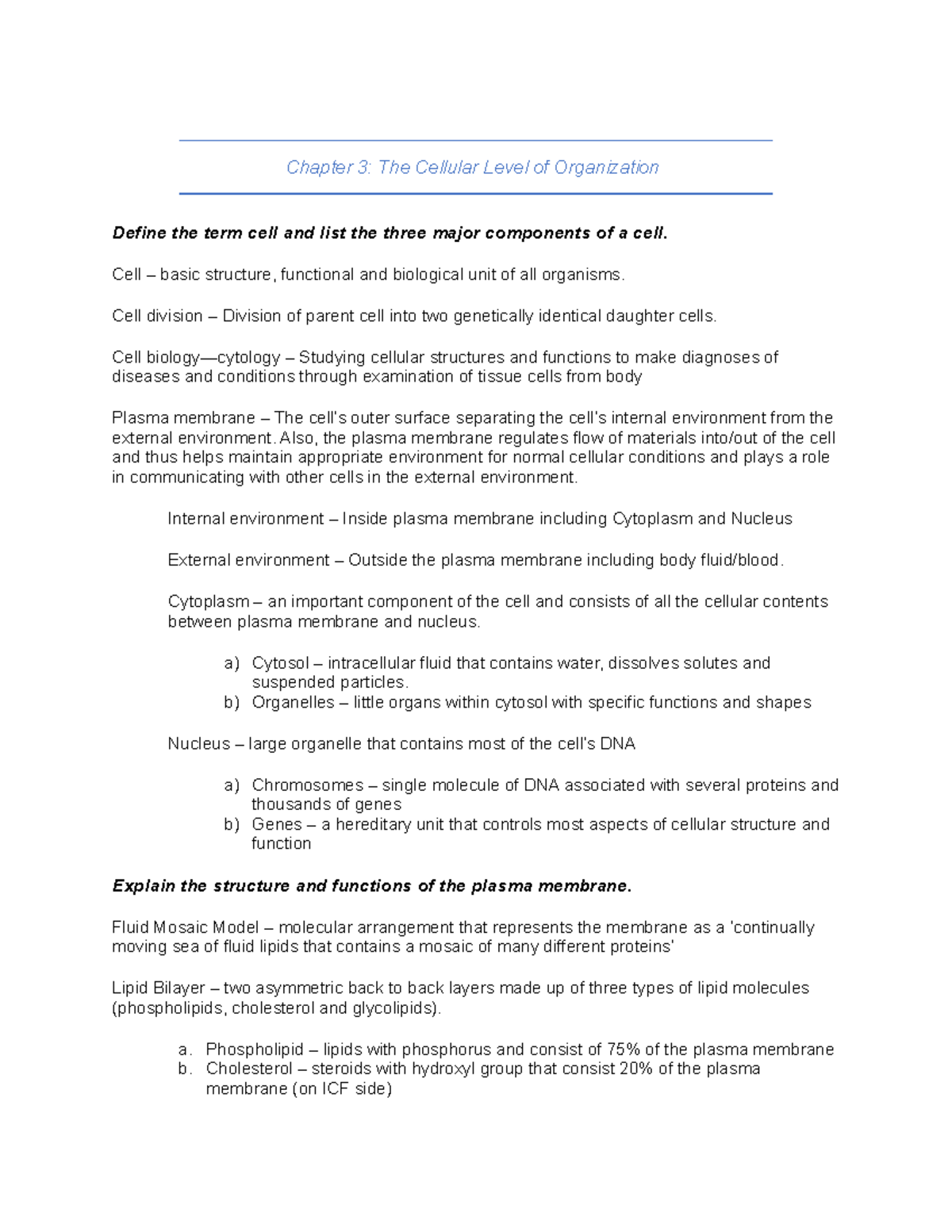 Chapter 3 - Learning Objectives - Chapter 3: The Cellular Level of ...