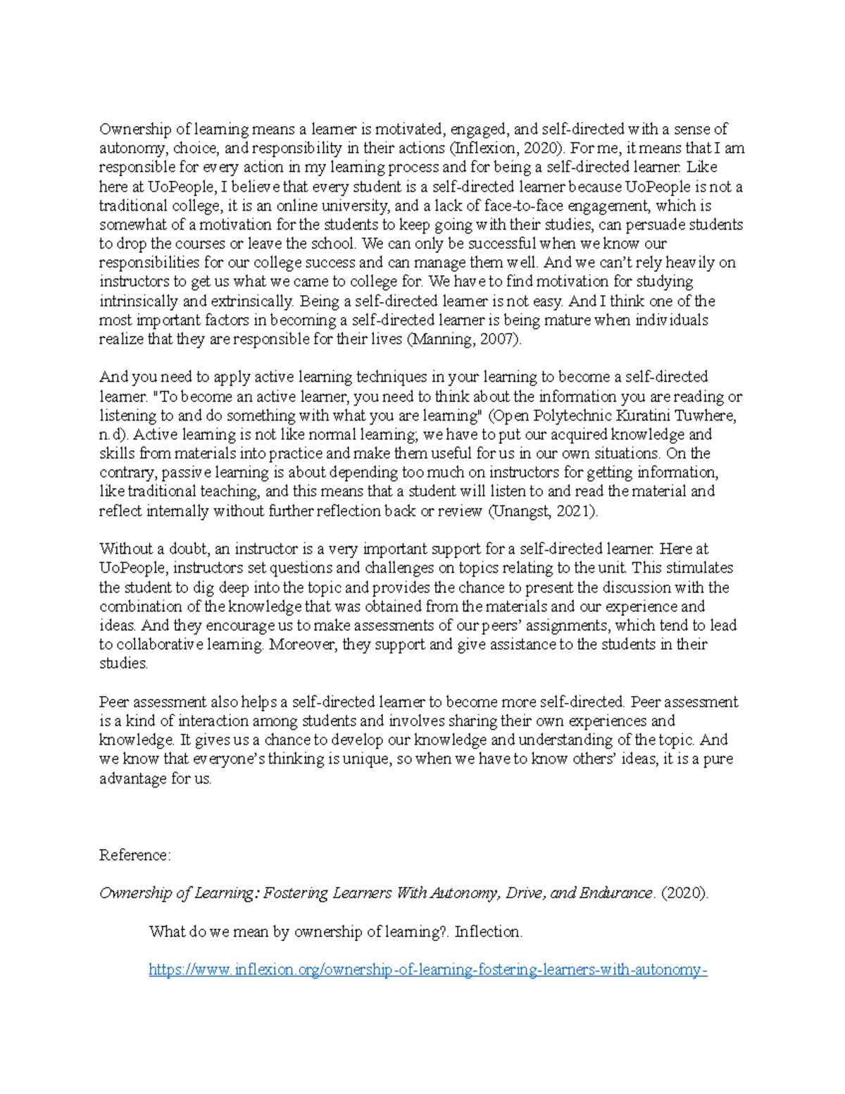 Unit 5 - Tutorial Work - Ownership of learning means a learner is ...