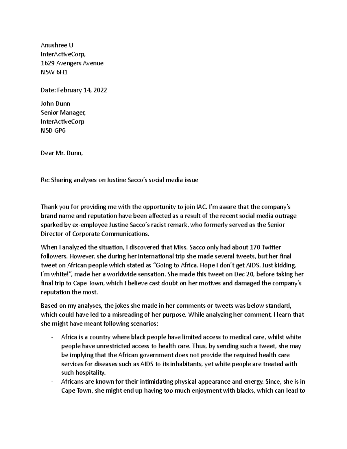 Social media letter for assignment! - Anushree U InterActiveCorp, 1629 ...