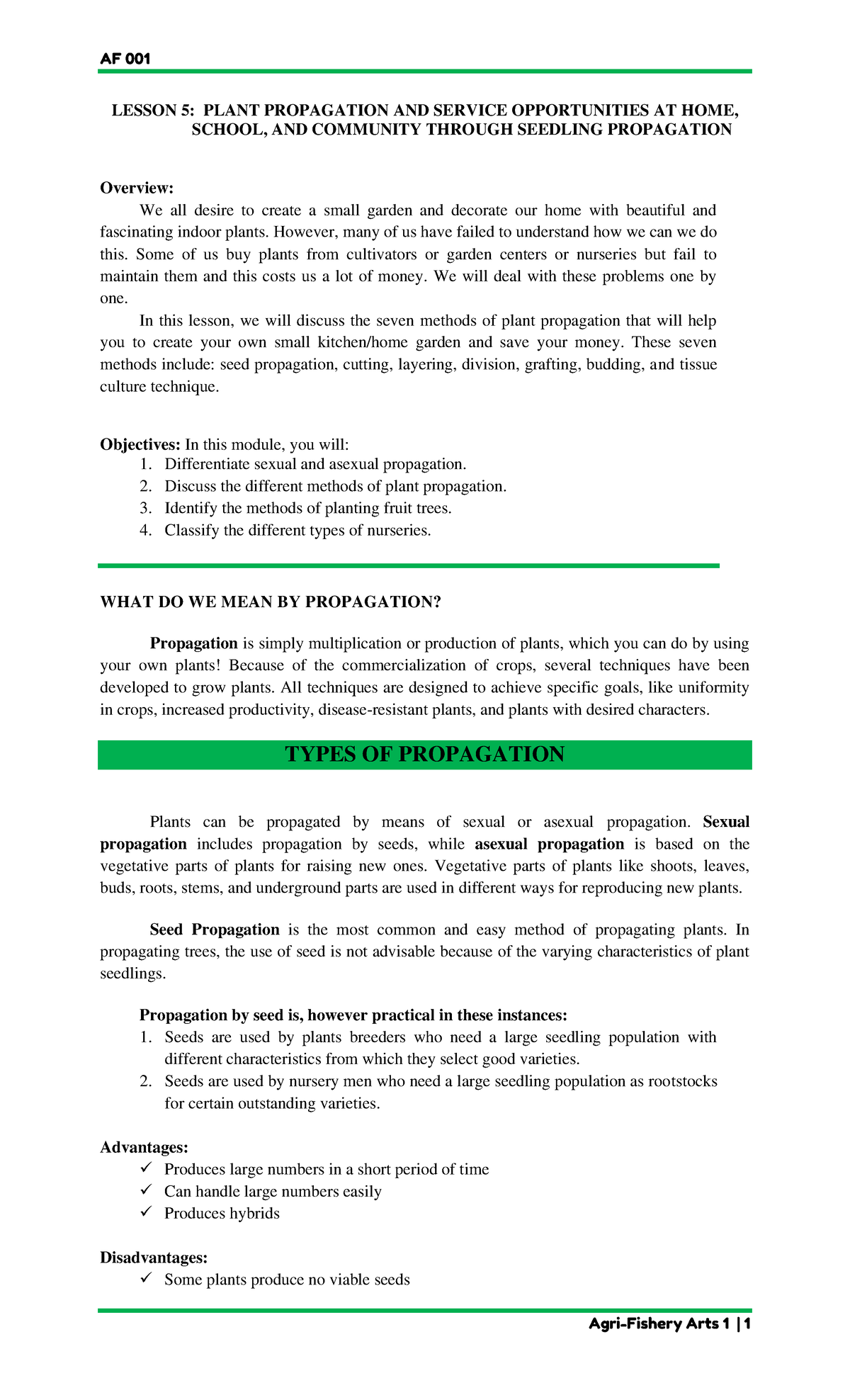 AF 001 Lesson 5 Plant Propagation - LESSON 5: PLANT PROPAGATION AND ...