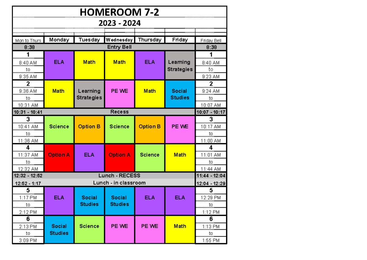 Class Schedule - 7 - sds - HOMEROOM 7- 2023 - 2024 Mon to Thurs Monday ...