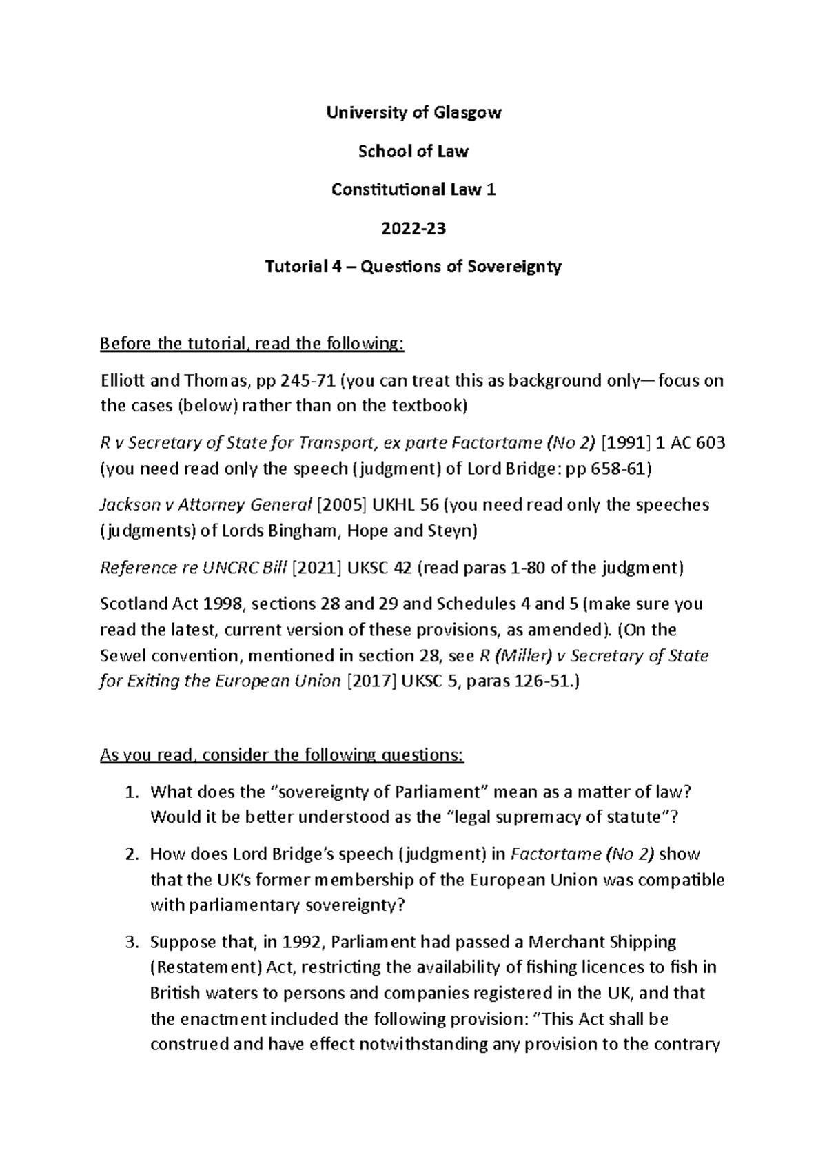 Con Law 1 2022 Tutorial 4 University Of Glasgow School Of Law Constitutional Law 1 2022