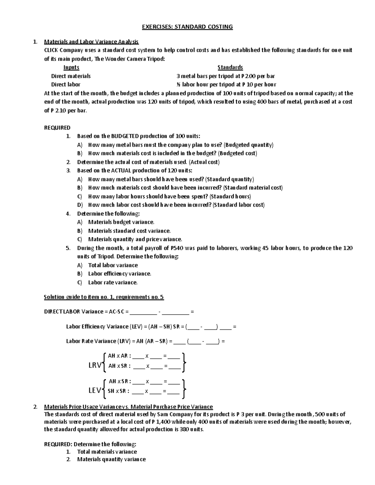 Variance-exercises - problems - EXERCISES: STANDARD COSTING Materials ...