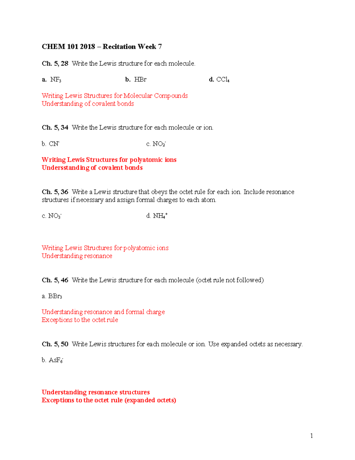CHEM 101 Recitation Week7 Fall18 - CHEM 101 2018 – Recitation Week 7 Ch ...