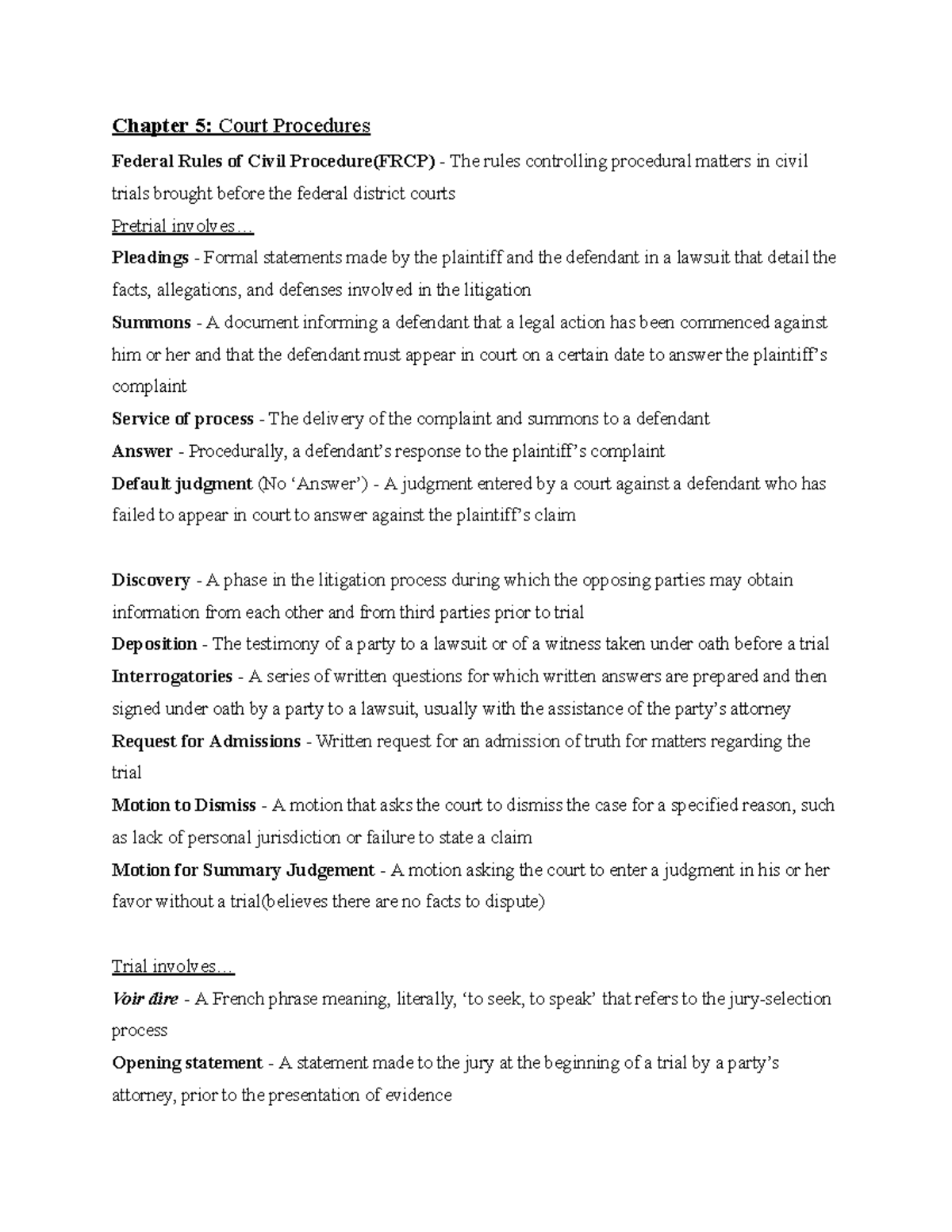 Court Procedures - Chapter 5: Court Procedures Federal Rules of Civil ...